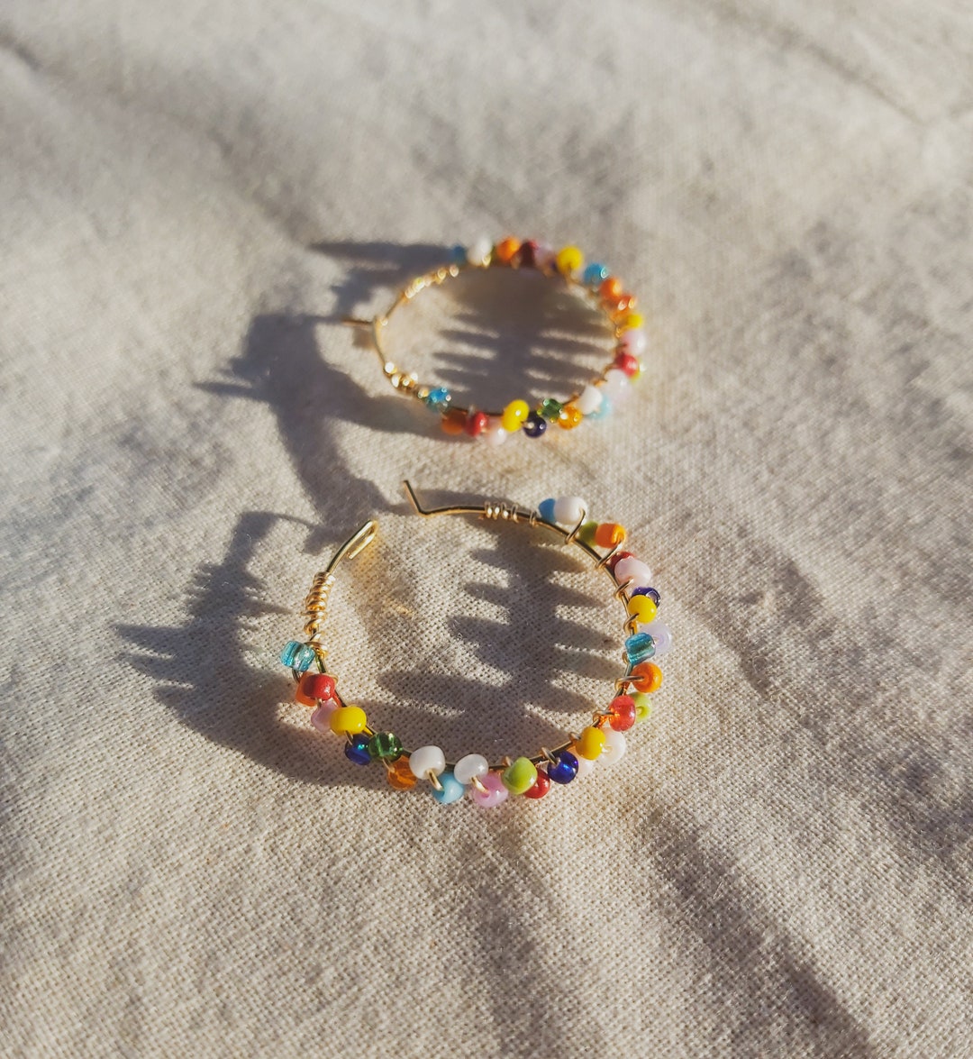 Thin Hoop Earrings in Stainless Steel Hand-decorated With Colored Beads ...