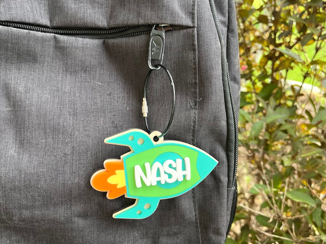 Personalized Rocketship Keychain for Kids, Space Theme Backpack Tag ...
