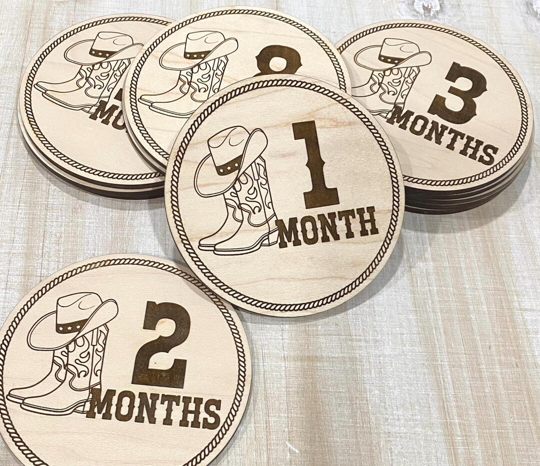 Rustic Cowboy Monthly Baby Milestone Disc Set – 12 Wooden Engraved ...