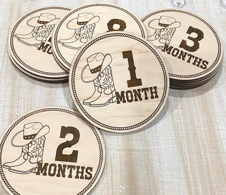 Rustic Cowboy Monthly Baby Milestone Disc Set – 12 Wooden Engraved ...