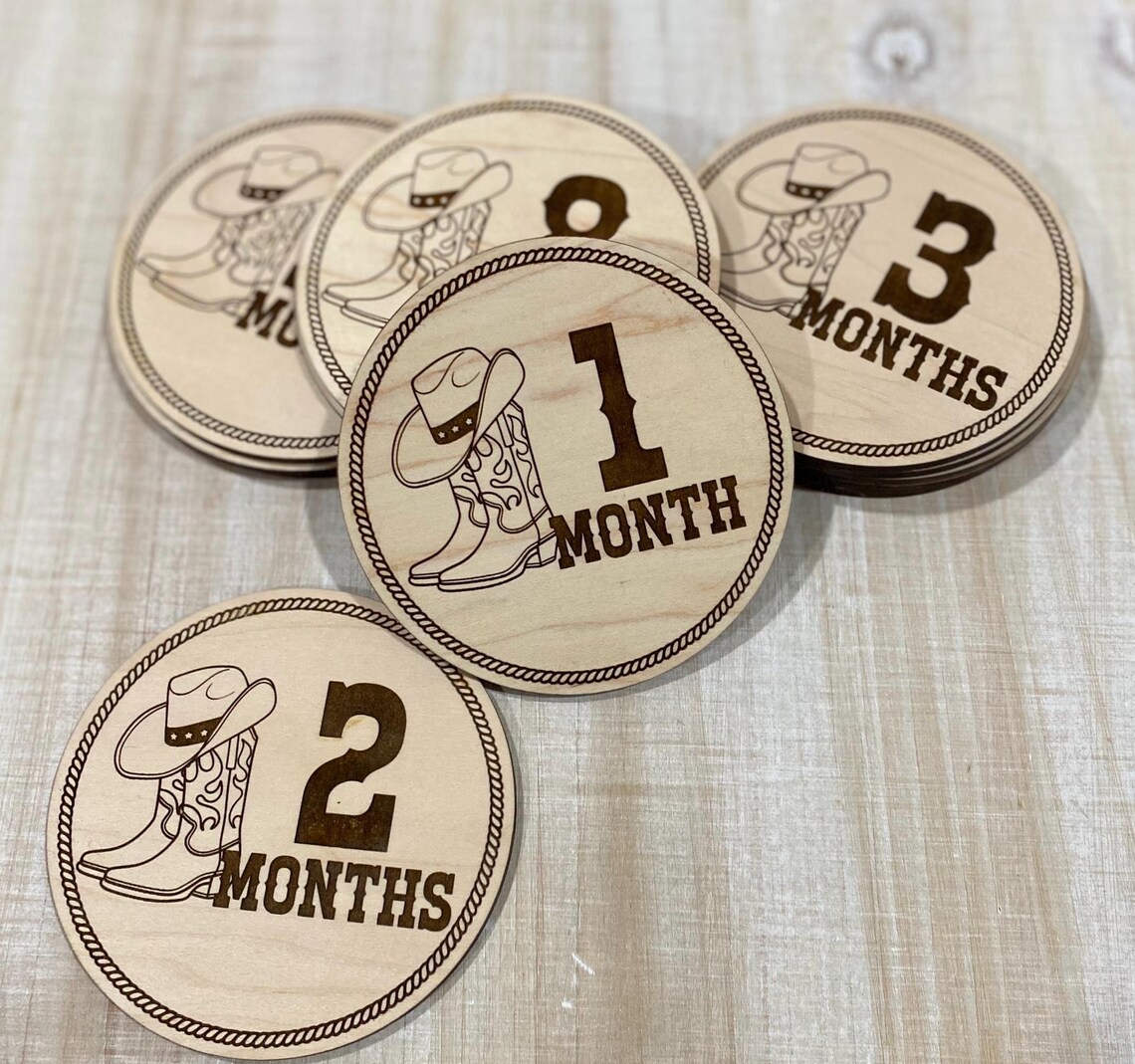 Rustic Cowboy Monthly Baby Milestone Disc Set – 12 Wooden Engraved ...