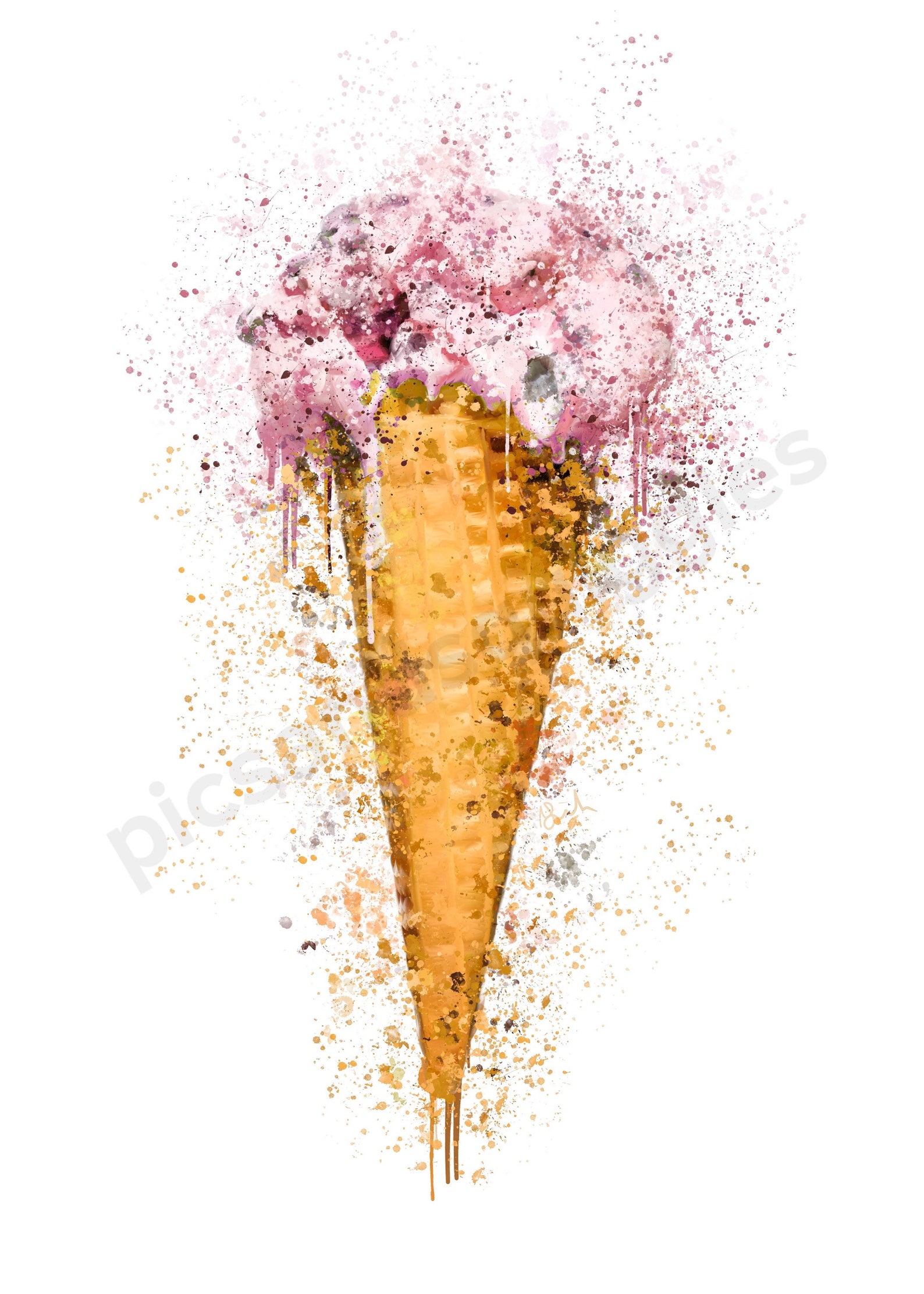 Pastel Pink Ice Cream Cone Food Splatter Art. Print | Etsy