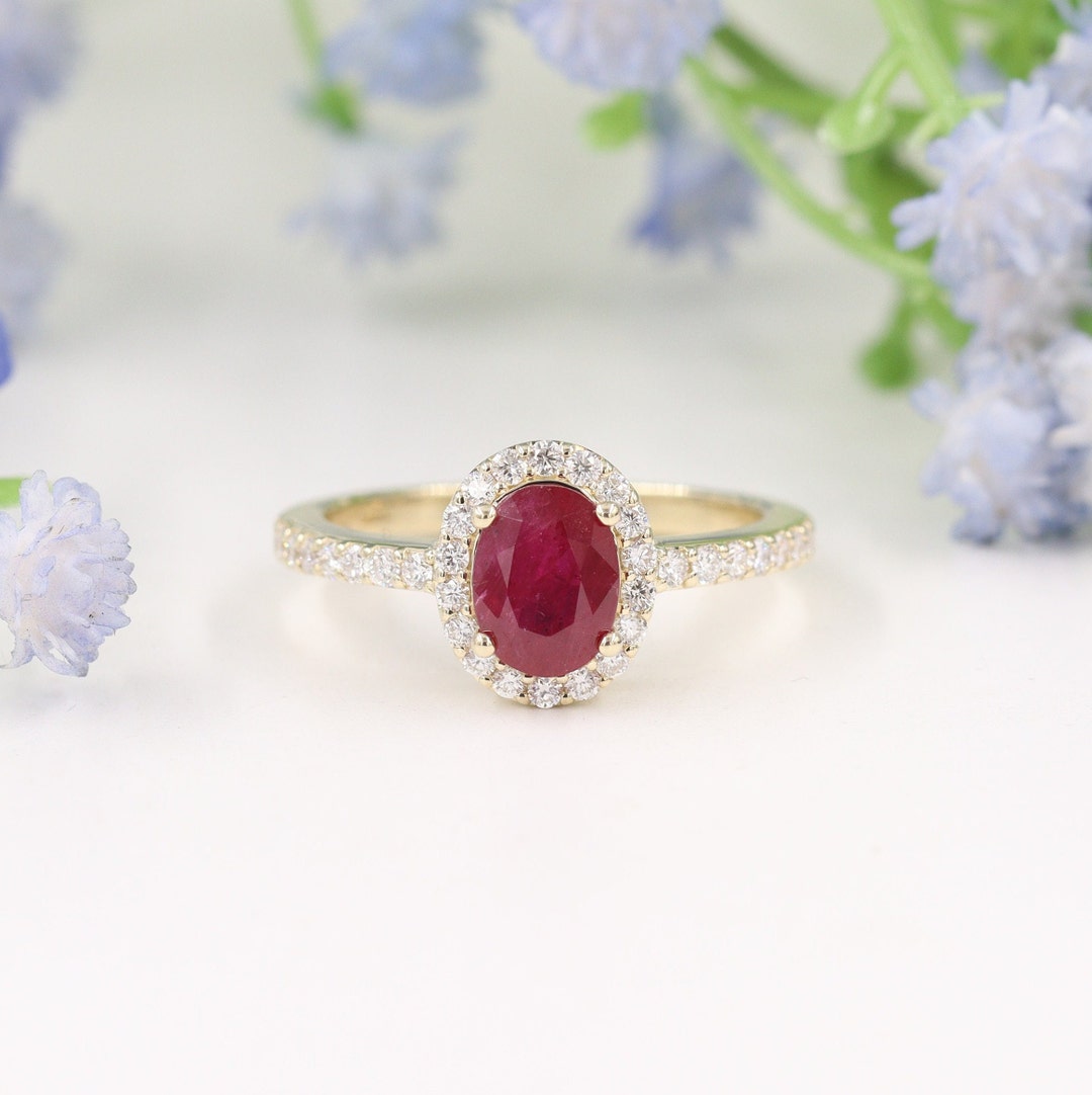 Genuine Ruby Ring/ Ruby Natural Diamond Halo Ring/ Diamond Dainty Ring ...