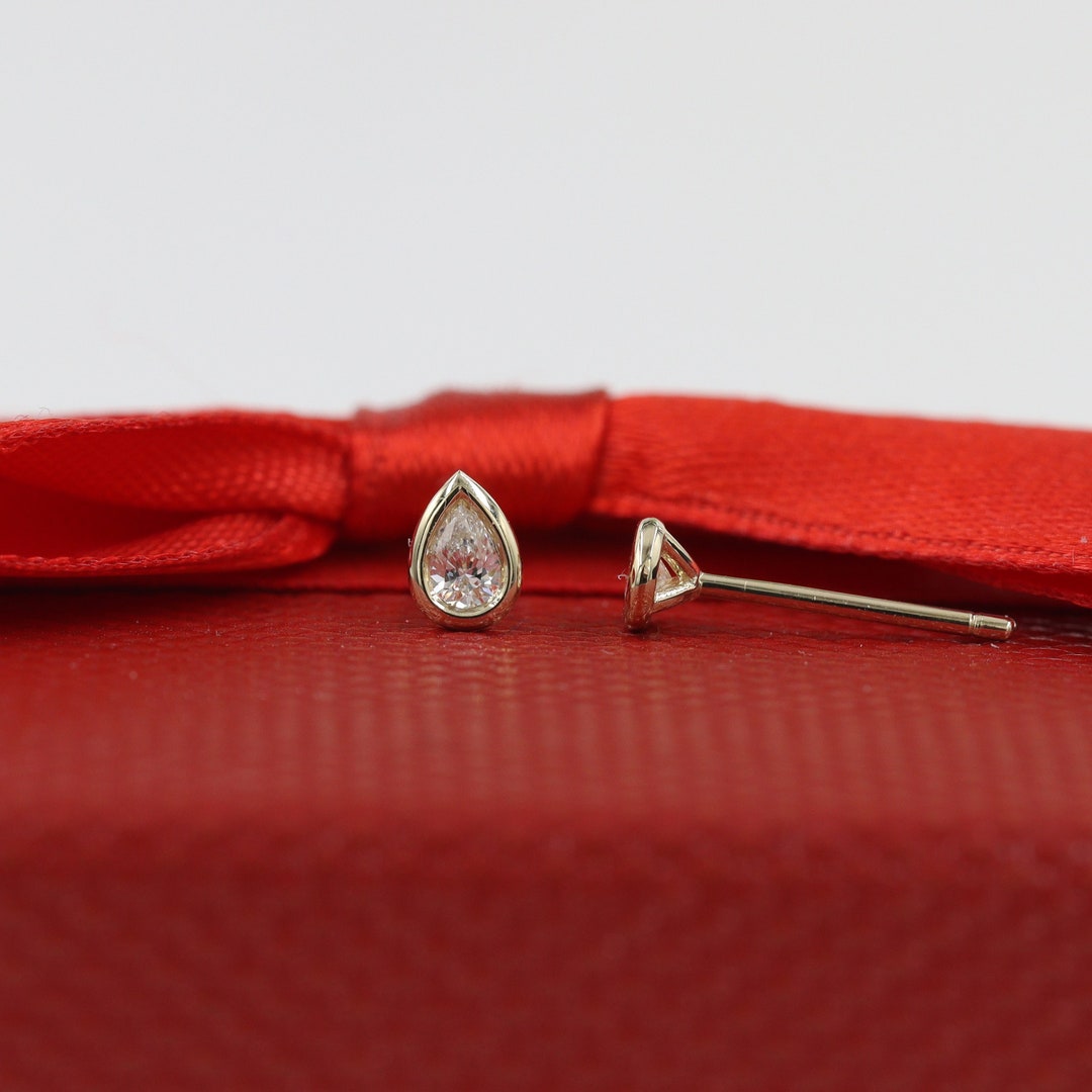 Handmade Pear Natural Diamond Stud Earrings: 14k Gold Bezel Set - Etsy