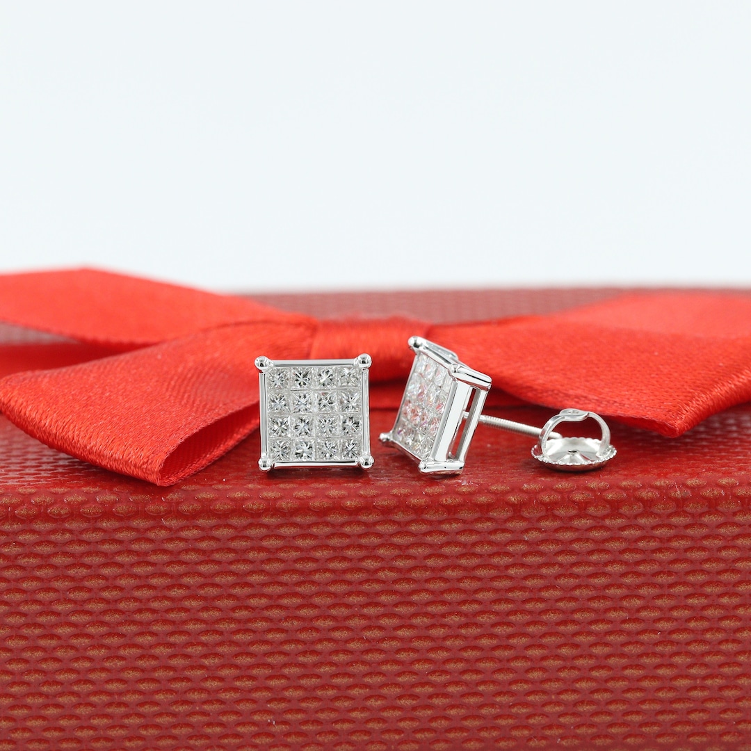 Princess Cut Diamond Invisible Set Earring /natural Diamond Stud ...