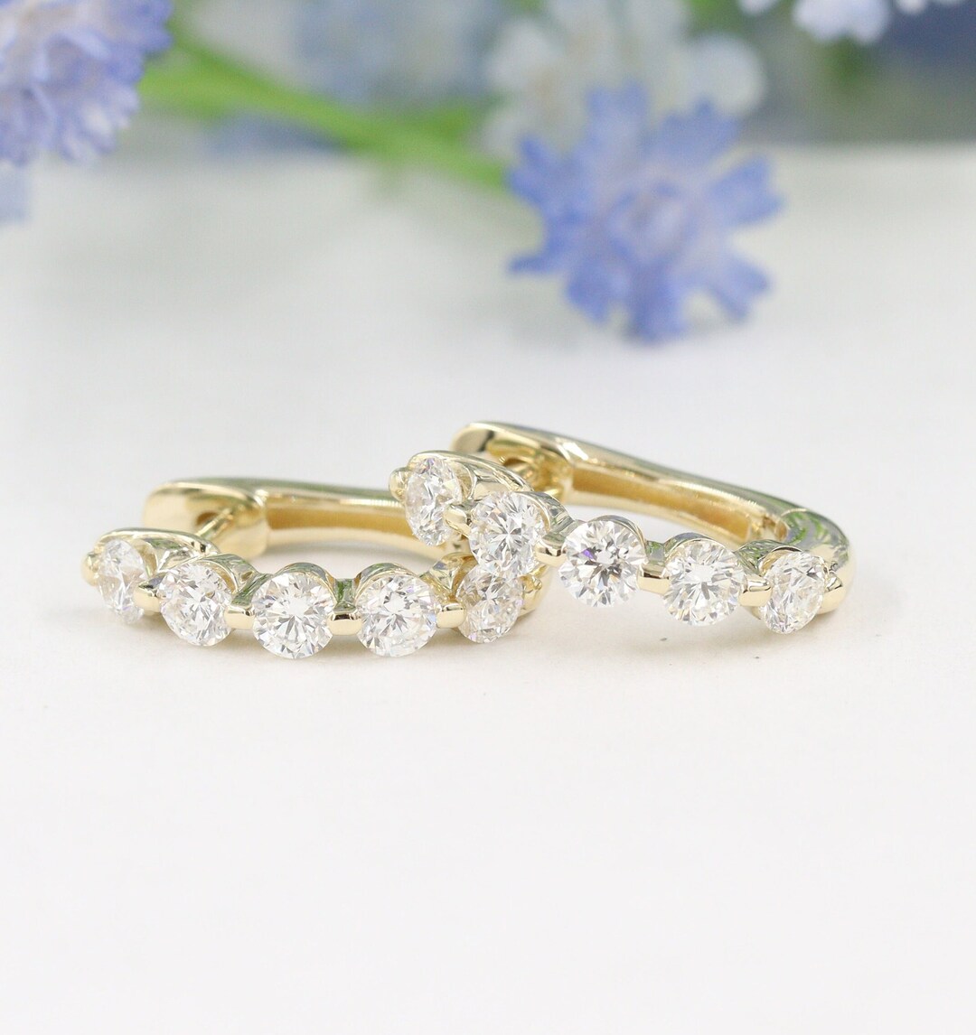 Lab Diamond Hoop Earrings: 14K Gold Single Prong Set - Etsy