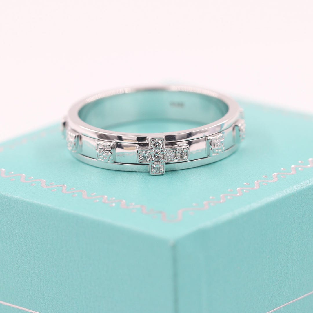 14K Gold Diamond Rosary Ring: Men Delicate Christian Band, Non-spinning ...