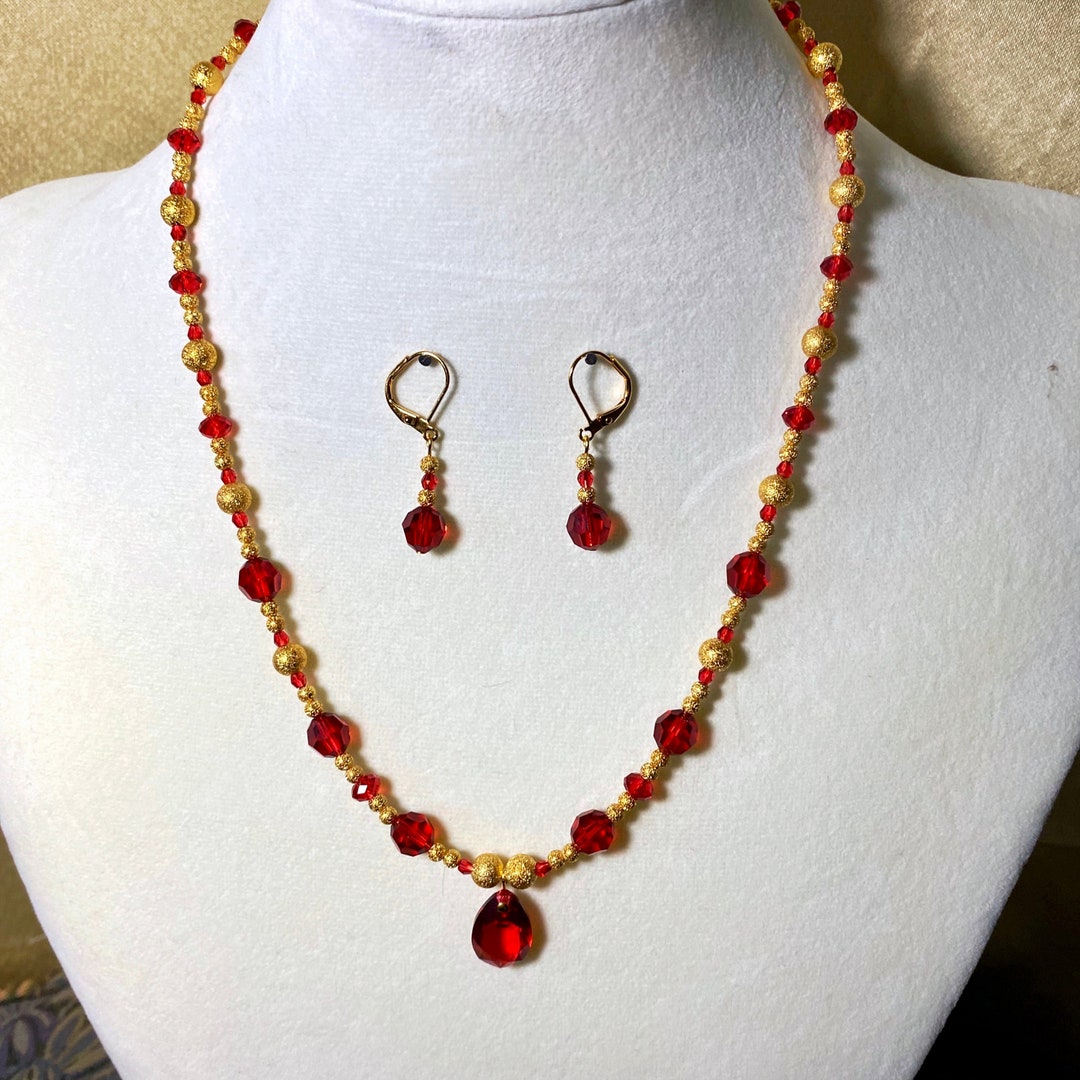 Red and Gold Necklace With Pendant and Earrings - Etsy