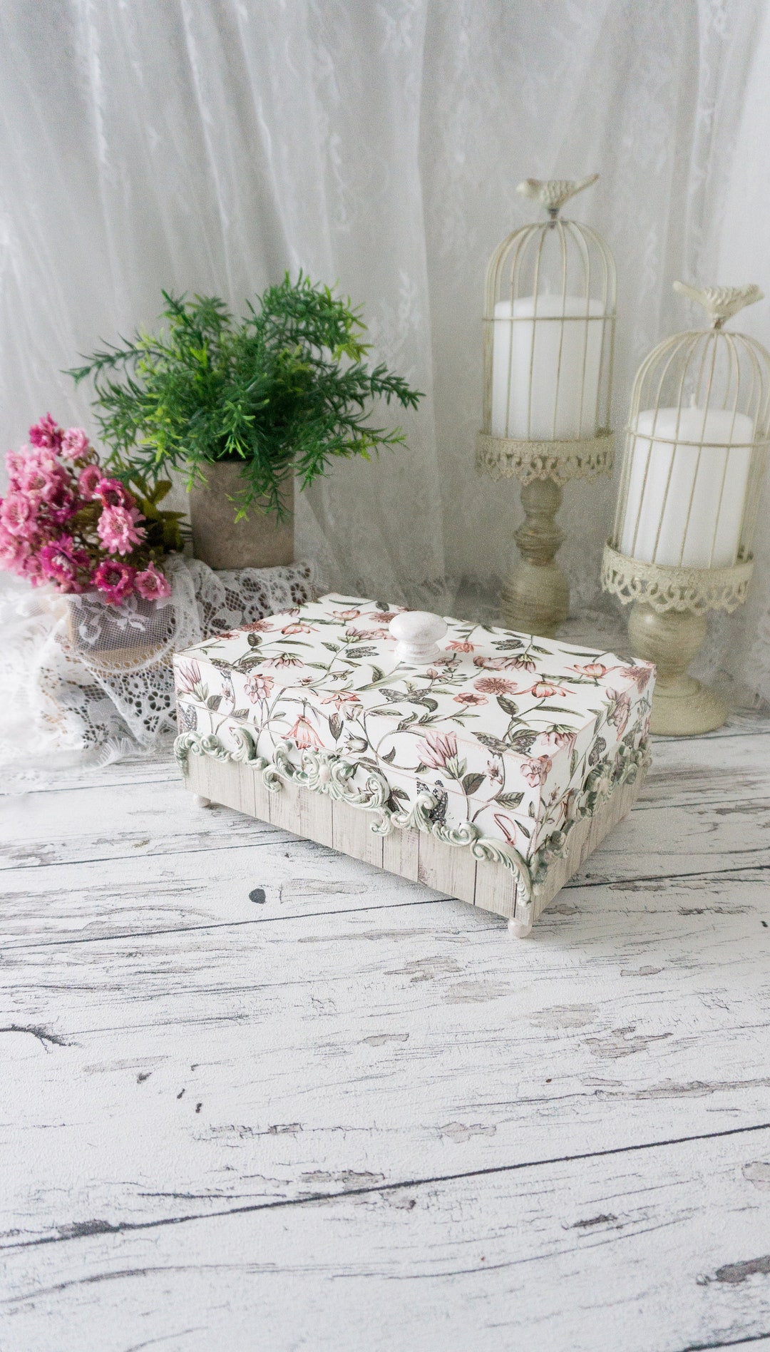 Shabby Chic Small Flowers Tea Box Tea Bags Organiser Box With 4 ...
