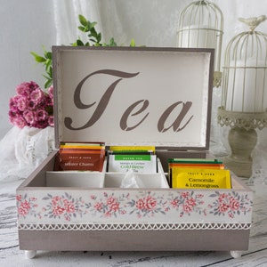 Handmade Wooden Tea Box With 6 Compartments | Floral Tea Bag Organizer ...