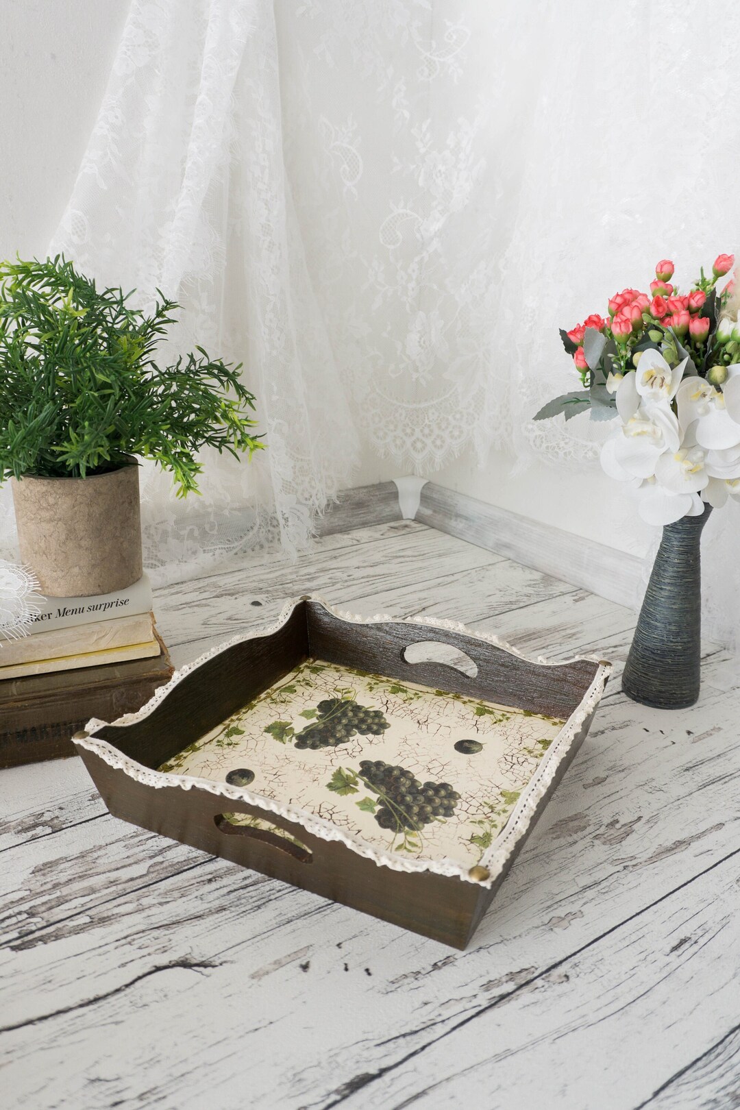 Decoupaged Wooden Serving Tray | Vintage Fruit & Coffee Tray - Etsy