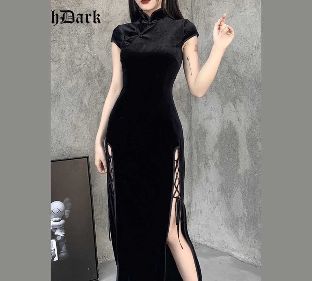 Black Velvet Maxi Dress Gothic Velvet Slit Dress Goth Etsy