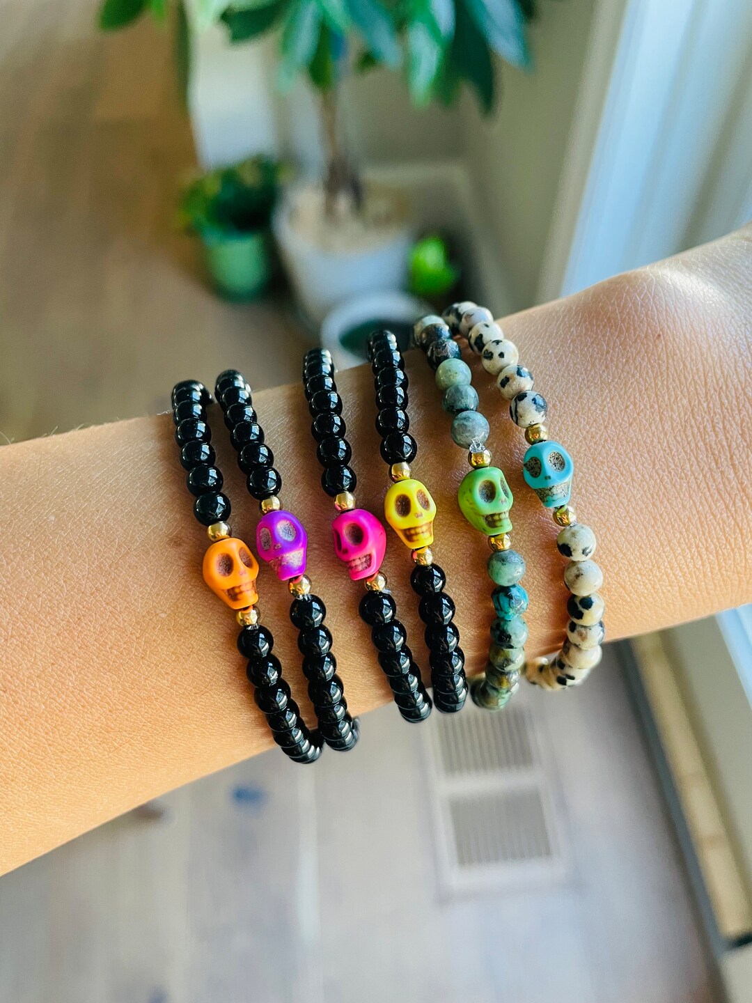 Halloween Skull Beaded Bracelets, Custom Name Beaded Bracelet ...