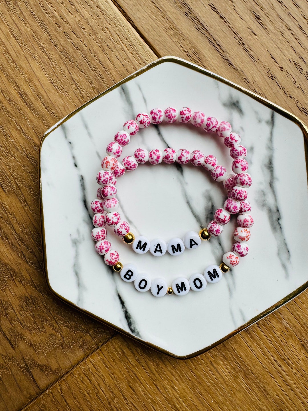Personalized Mother's Day Beaded Bracelet in Hot Pink Floral, Custom ...