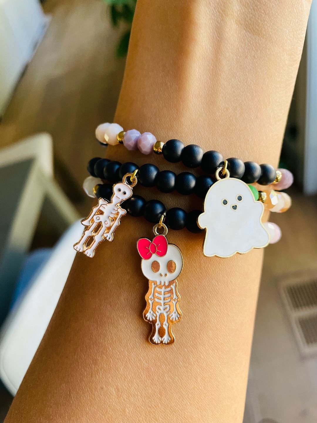 Halloween Charm Beaded Bracelets, Halloween Bracelets, Skeleton ...