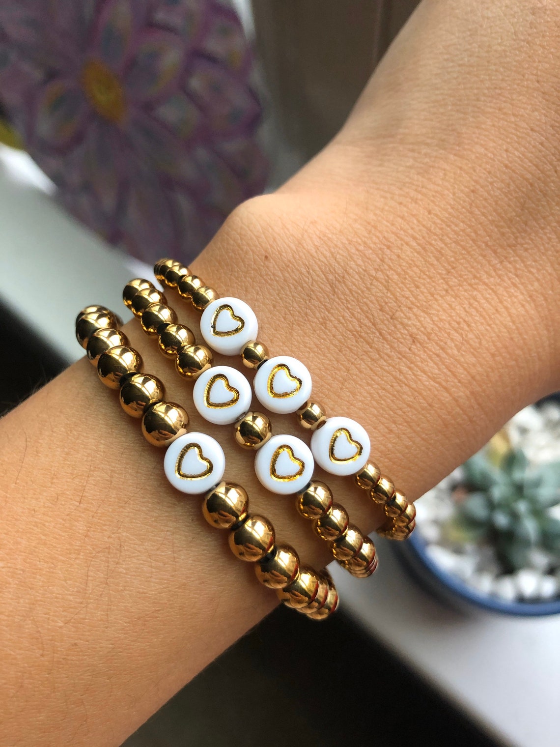 Gold Hearts With Gold Beads Beaded Bracelet, Valentine's Day, Gifts for ...