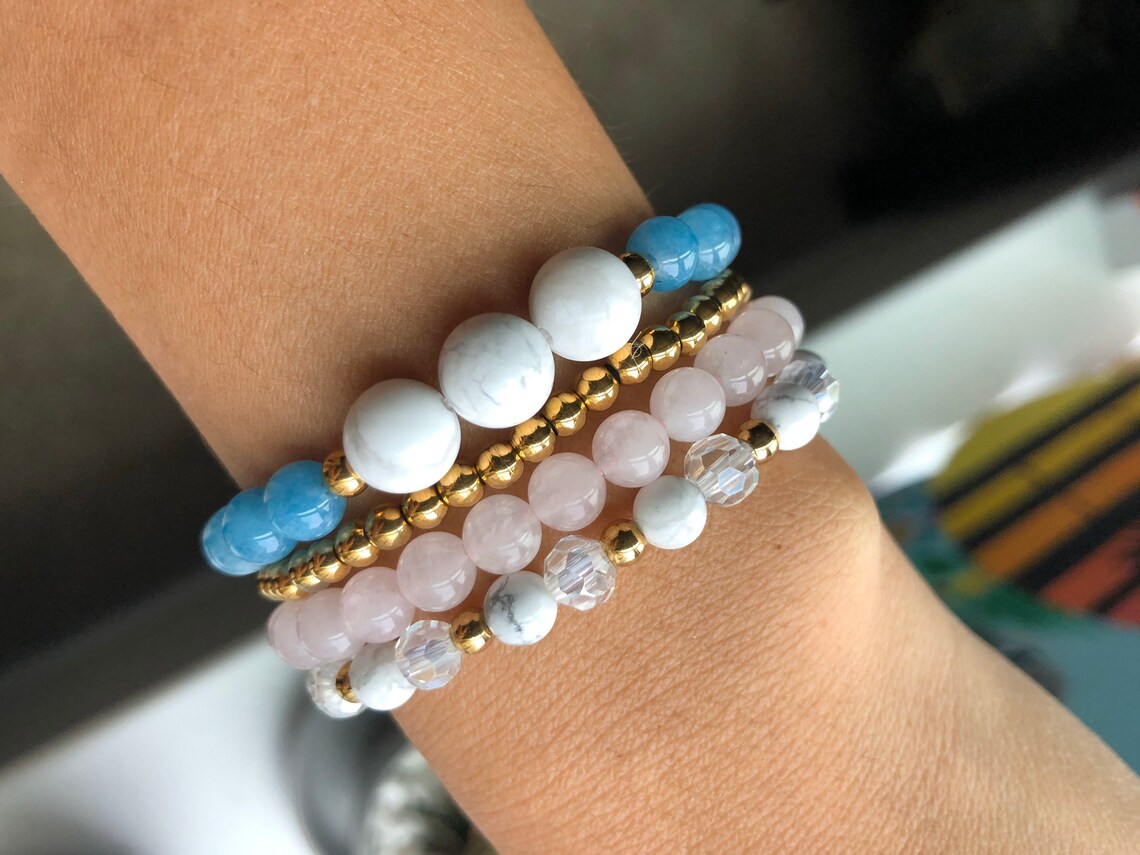 White Howlite With Gold and Clear Crystal Beaded Bracelet - Etsy