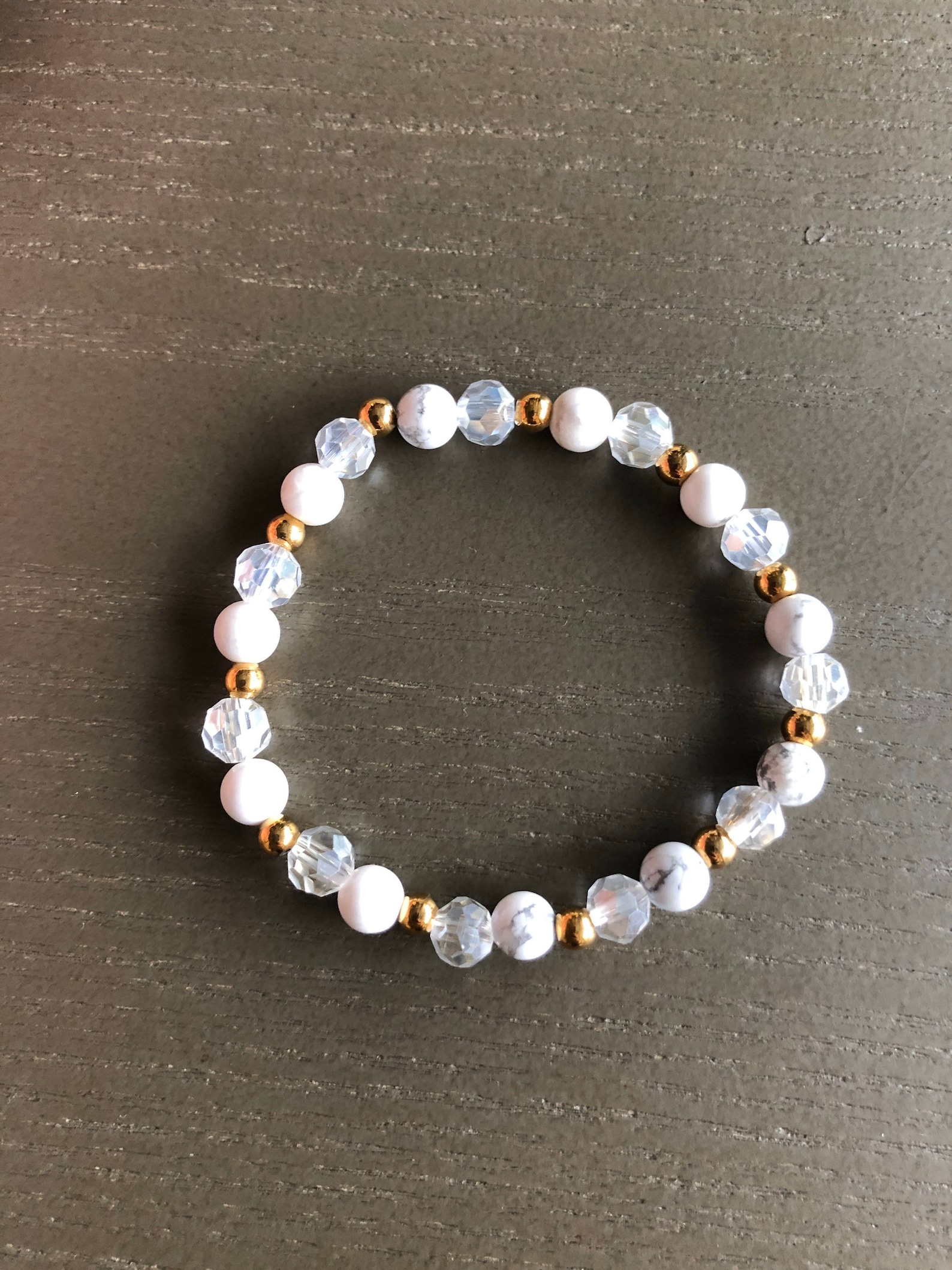 White Howlite With Gold and Clear Crystal Beaded Bracelet - Etsy