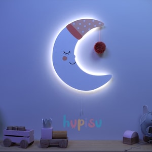 Cute MOON WALL LIGHT Wooden Moon Night Lights for Kids Soft Light for ...