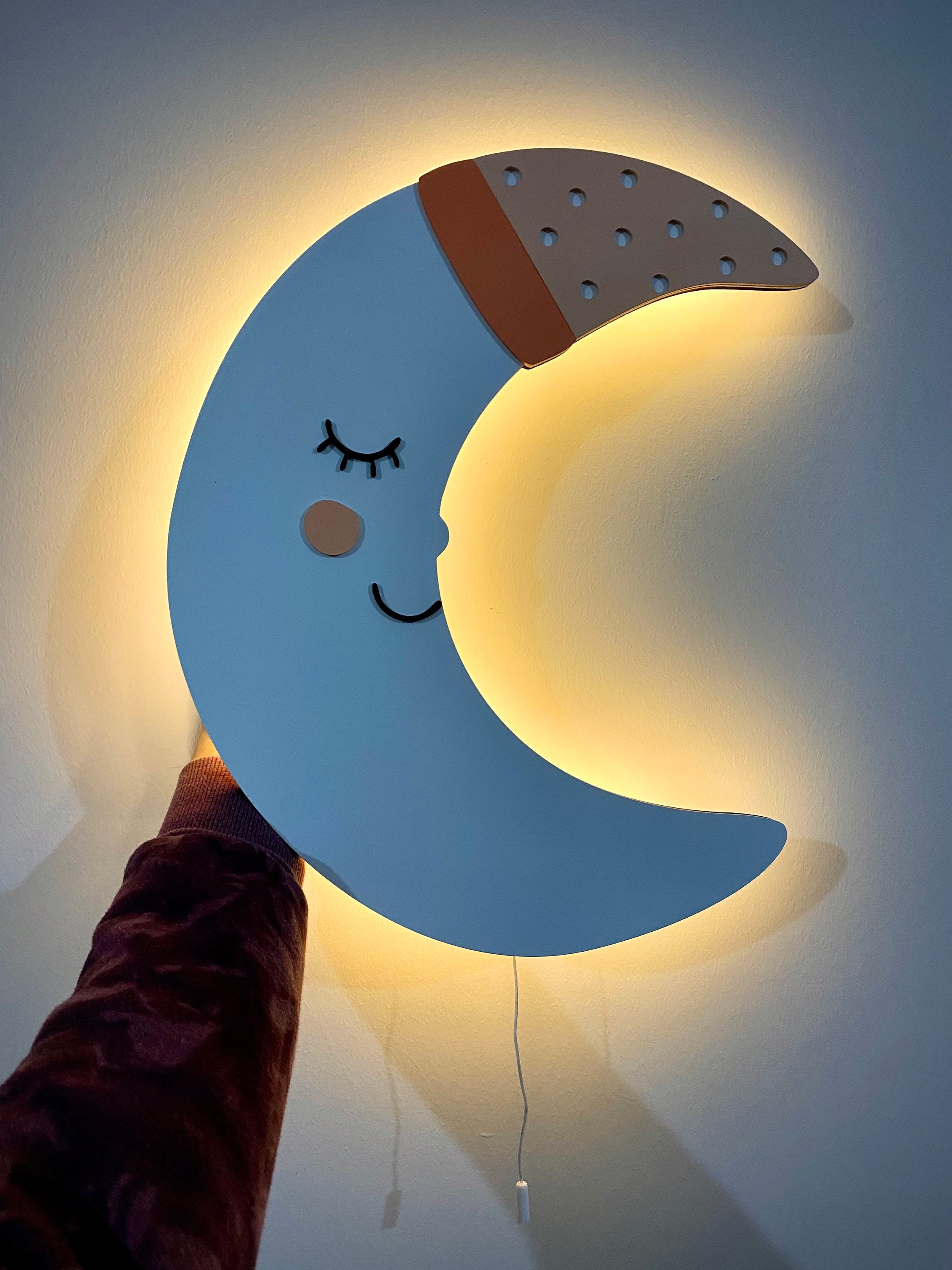 Cute MOON WALL LIGHT Wooden Moon Night Lights for Kids Soft Light for ...