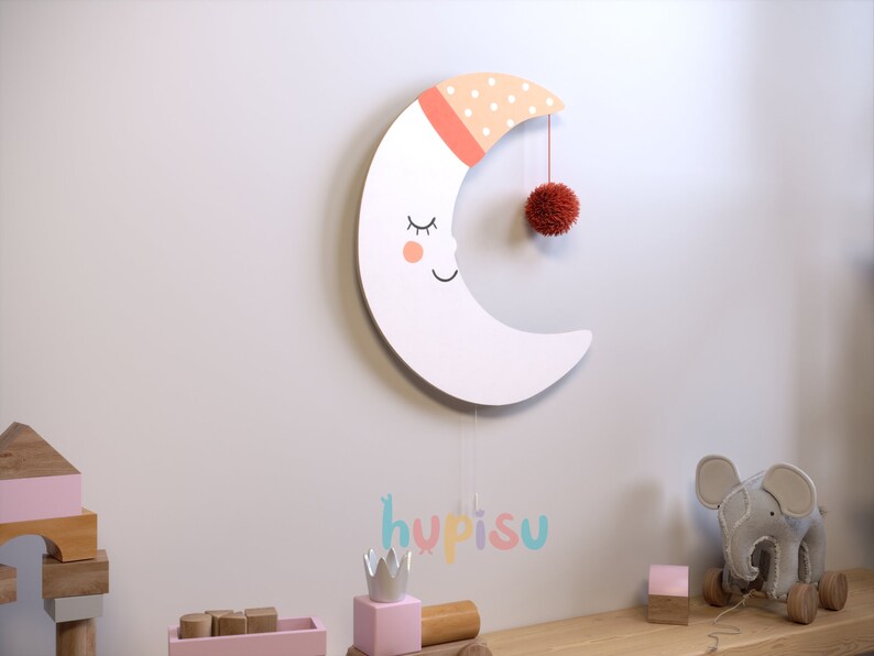 Cute MOON WALL LIGHT Wooden Moon Night Lights for Kids Soft Light for ...