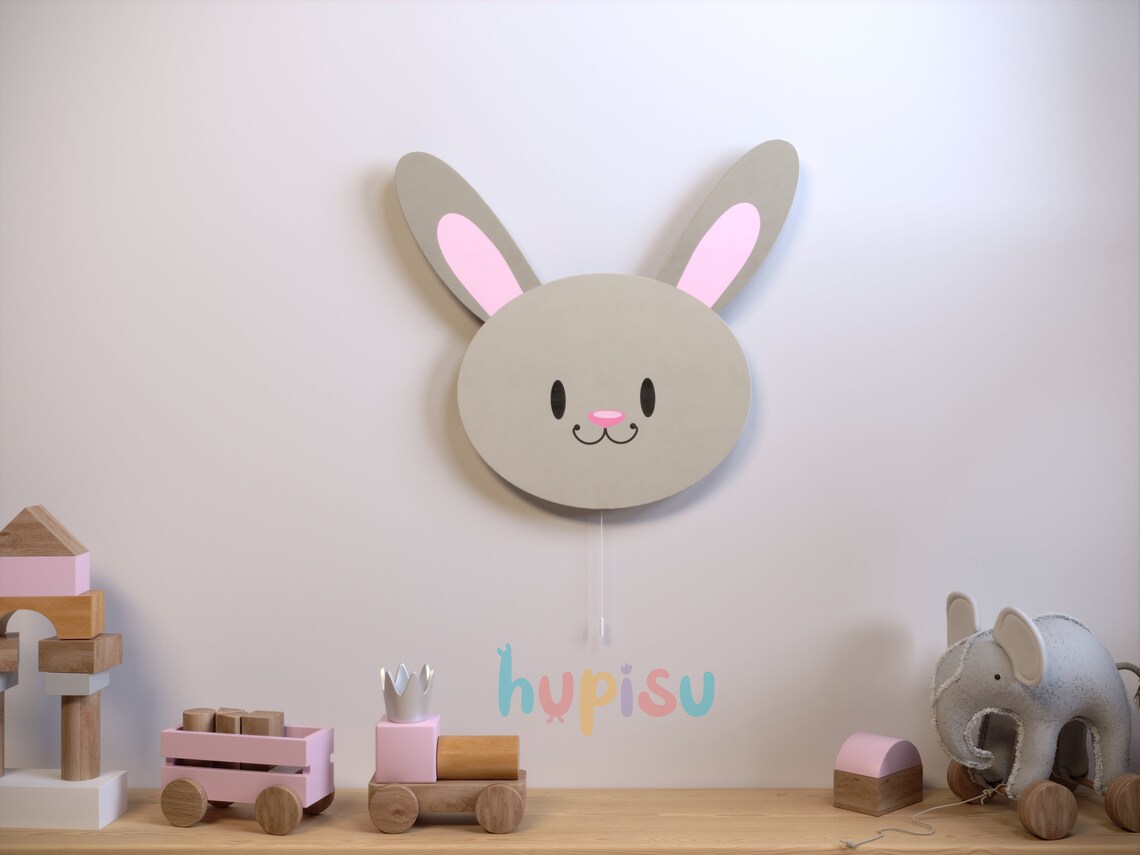 Cute BUNNY WALL LIGHT Wooden Night Lights for Kids Soft Light for ...