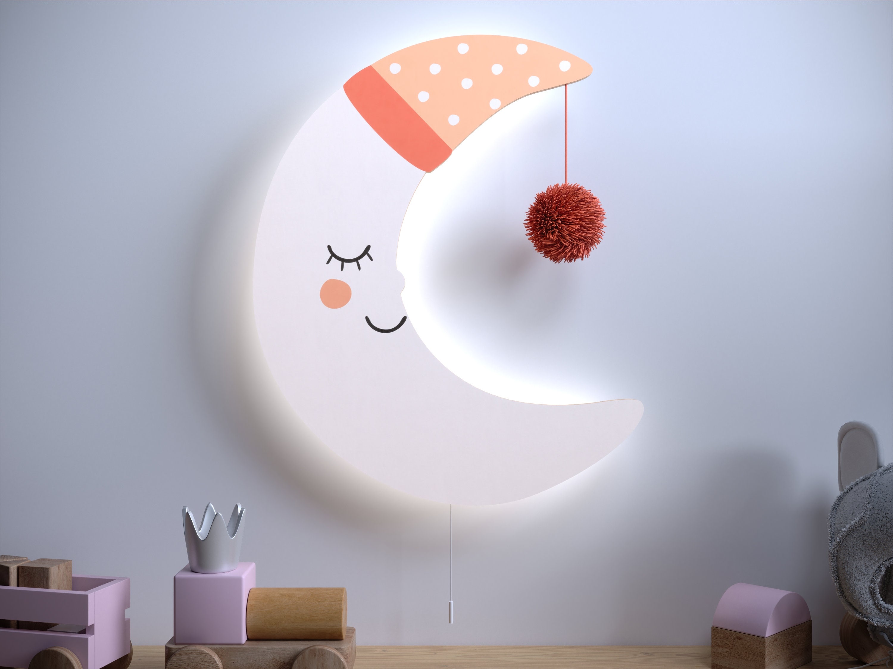Cute MOON WALL LIGHT Wooden Moon Night Lights for Kids Soft Light for ...