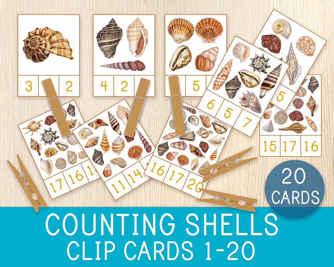 Counting Shells, Clip Cards, Numbers 1-20, Sea Shells,montessori ...