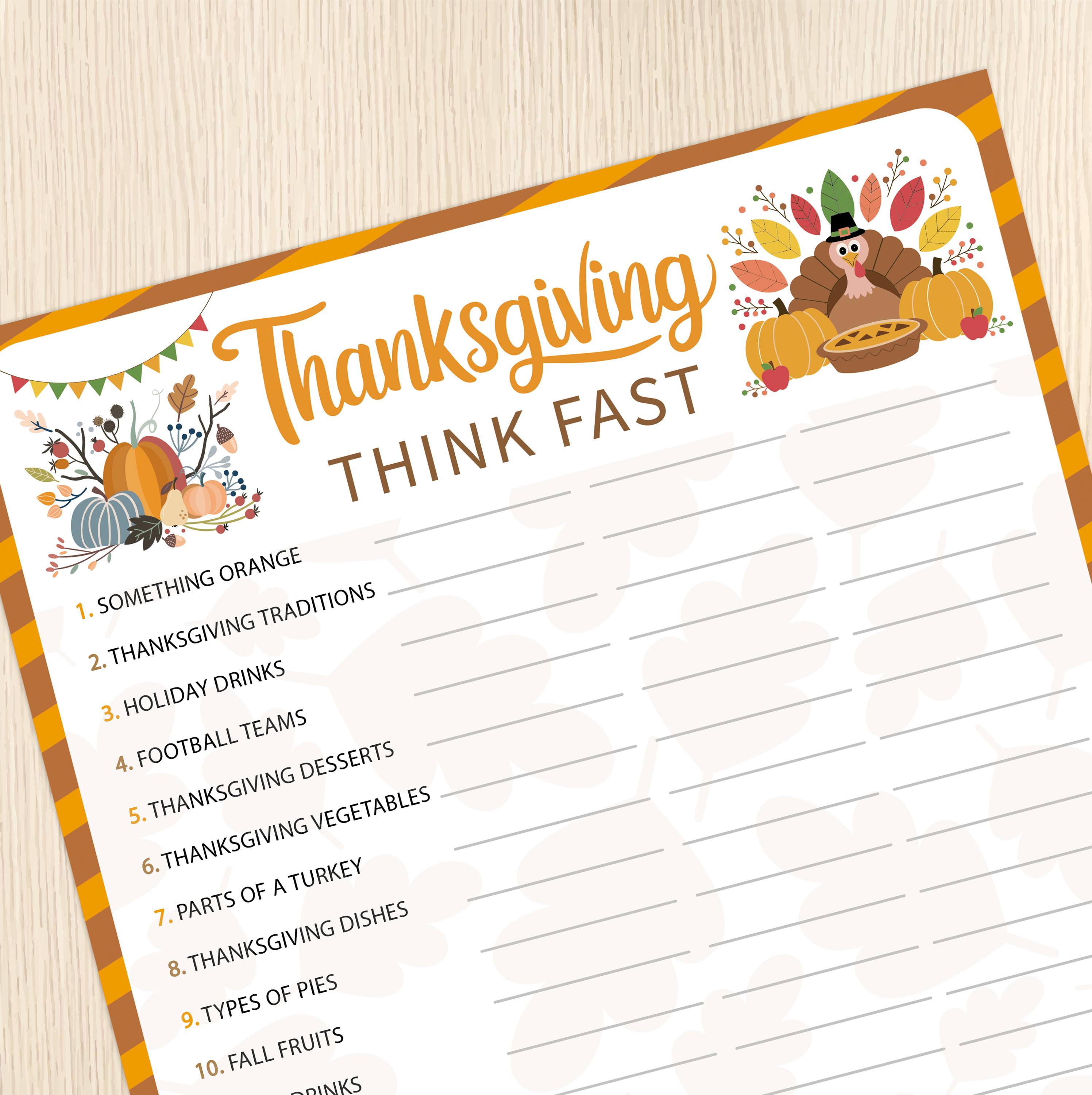 Thanksgiving Think Fast Game - Printable Thanksgiving Family Activity ...