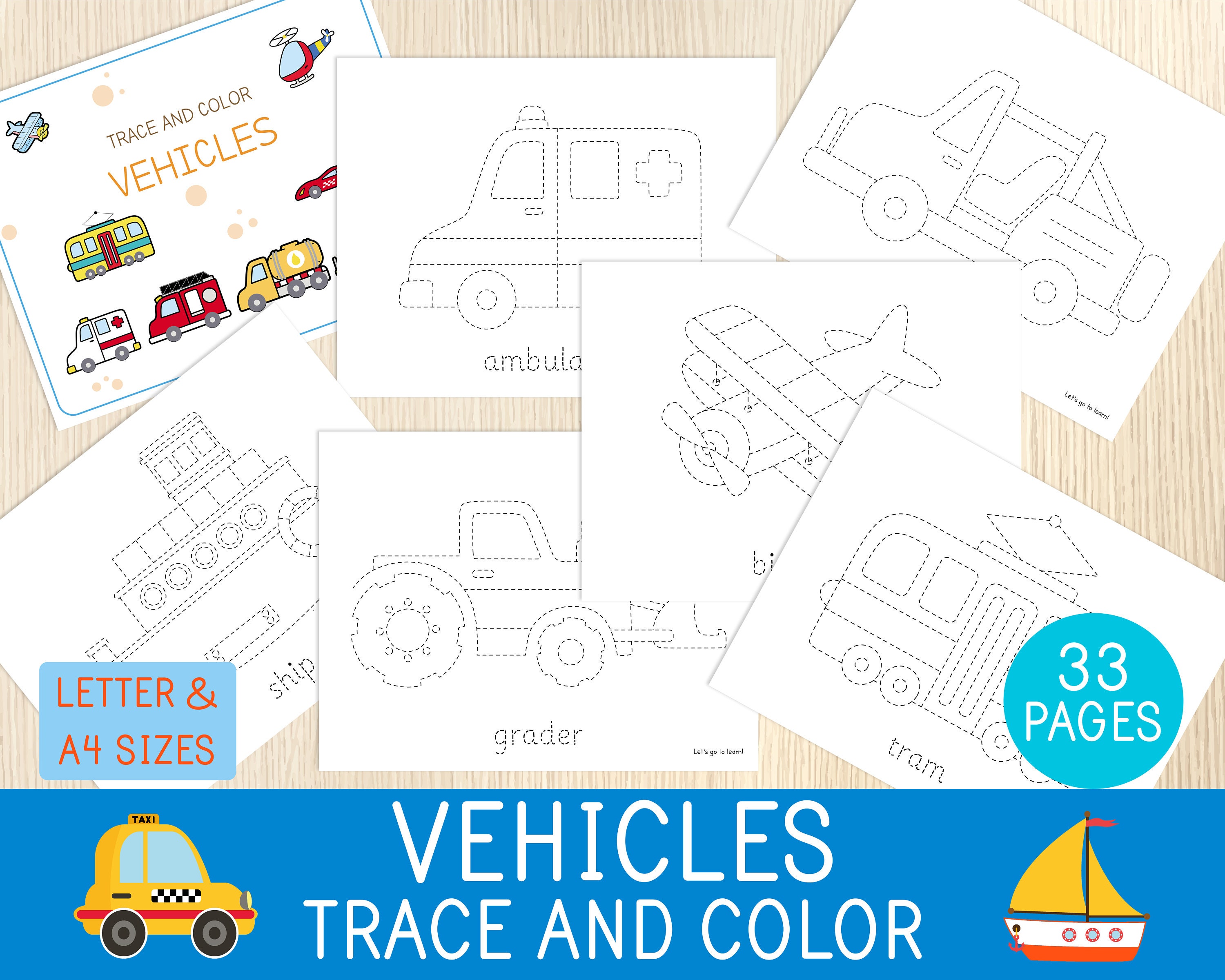 Vehicles Trace and Color Worksheets, Coloring Pages, Tracing Practice ...