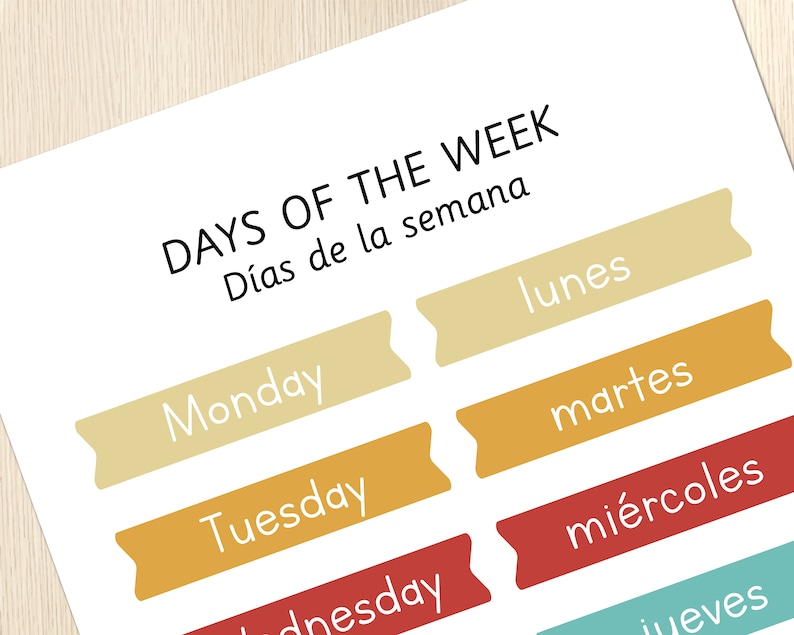 Days of the Week Poster in English & Spanish Bilingual - Etsy