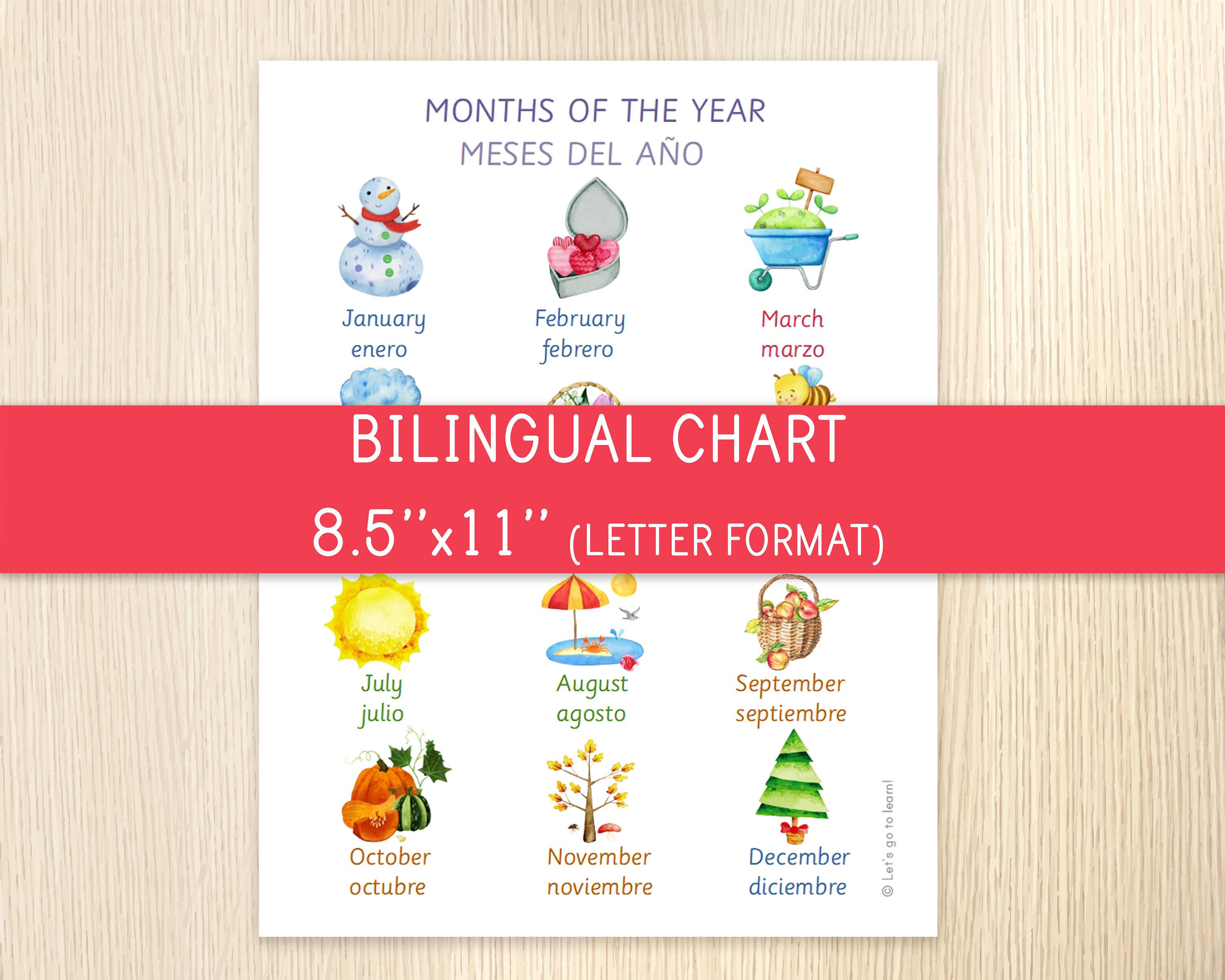 English-spanish Months Flashcards Posters & Chart Bilingual - Etsy