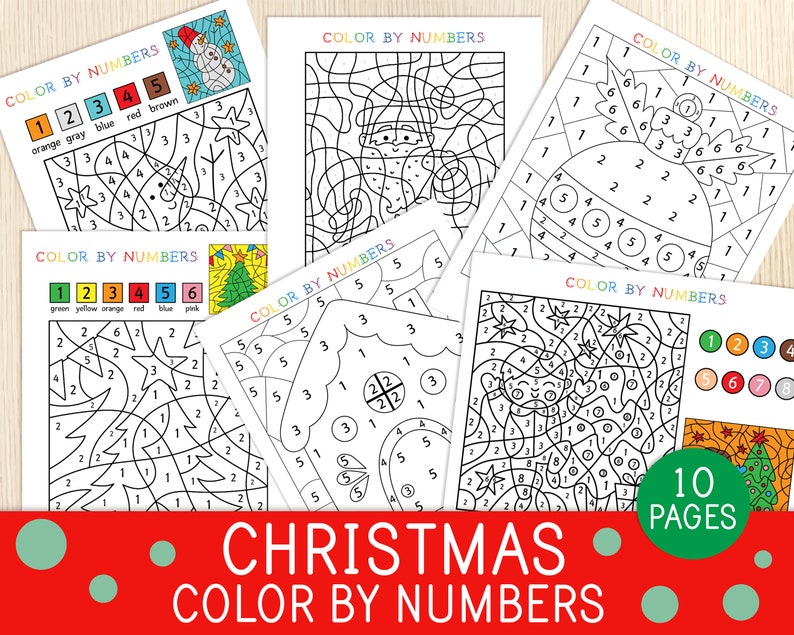 Christmas Coloring Pages, 10 Color by Numbers Worksheets, Preschool ...