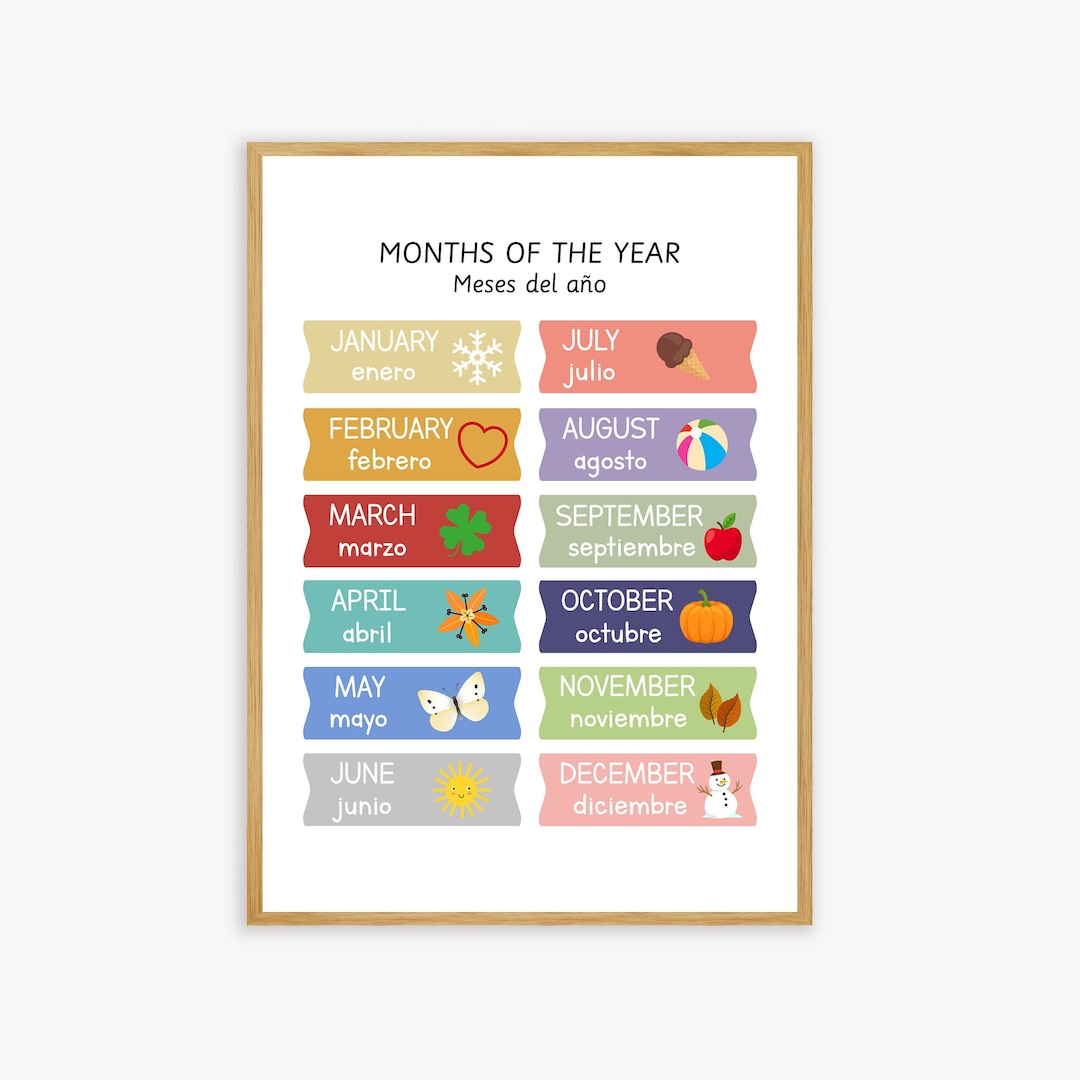 Months of the Year Poster in English & Spanish, Bilingual Printable ...