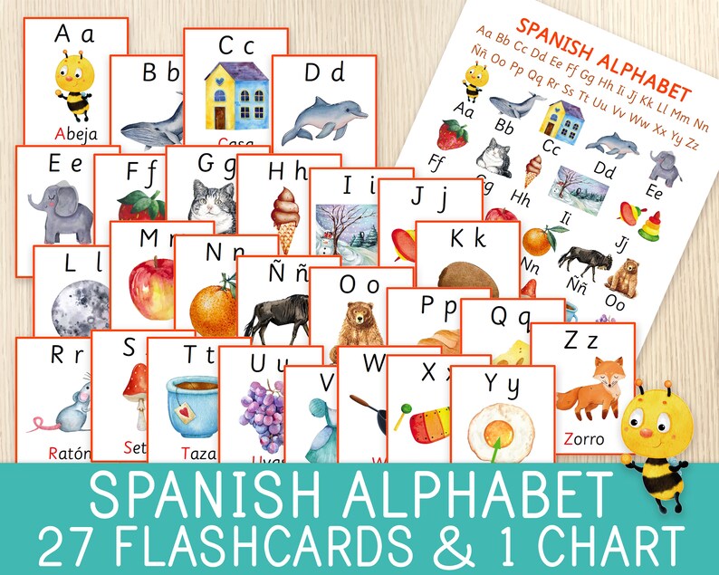 Spanish Alphabet Flashcards & Chart, 27 Cards, 1 Poster, Learn Spanish ...