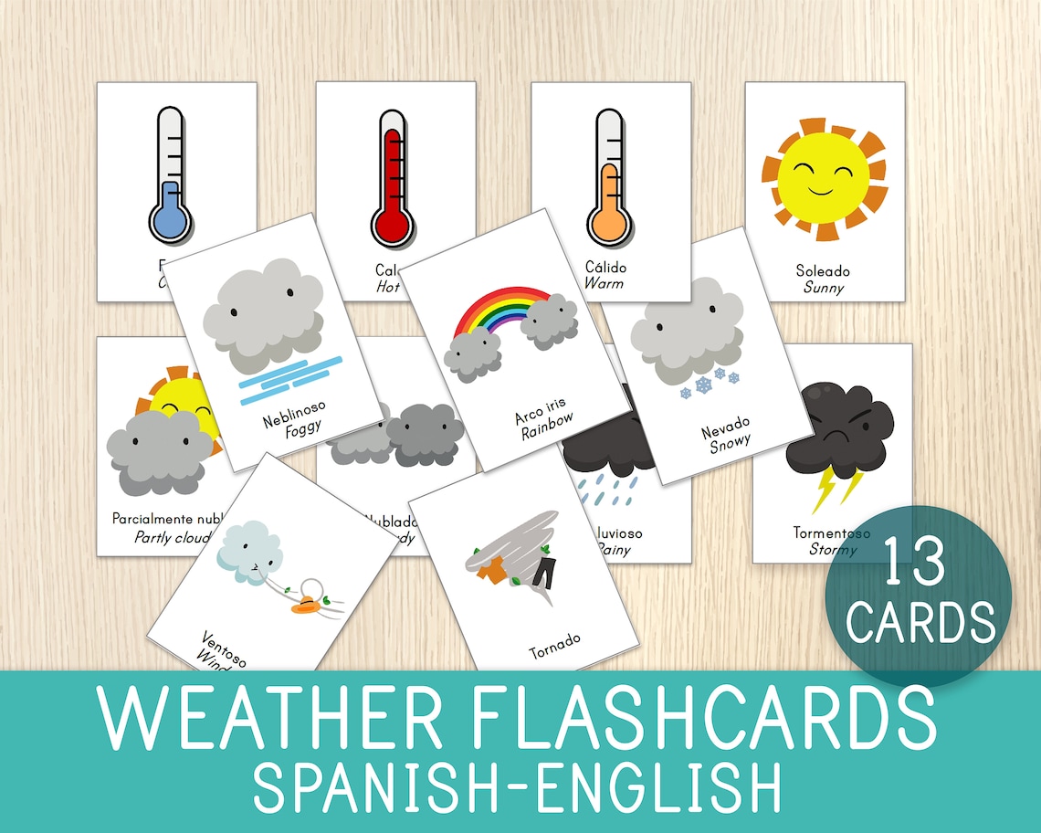 Weather Flashcards Spanish & English Cards Bilingual | Etsy