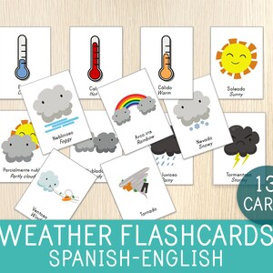 Weather Flashcards Spanish & English Cards Bilingual | Etsy