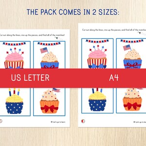 4th of July Game, Matching Activity for Kids, Cupcakes Puzzles, USA ...