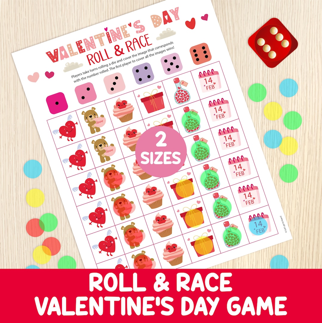 Valentine's Day Roll & Race Game - Valentines Day Party Game ...