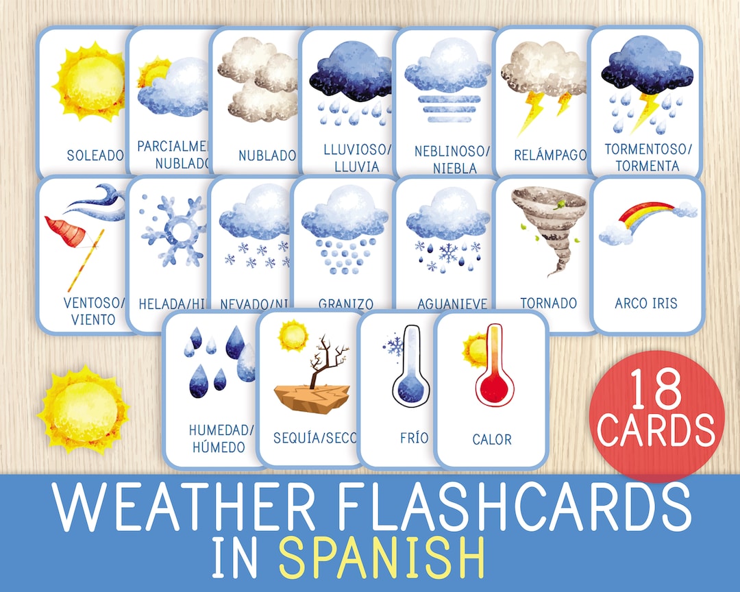 Weather Flashcards in SPANISH - 18 Cards - Toddler & Preschool Activity ...