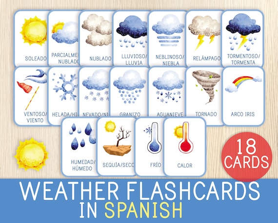 Weather Flashcards in SPANISH 18 Cards Toddler Preschool | Etsy
