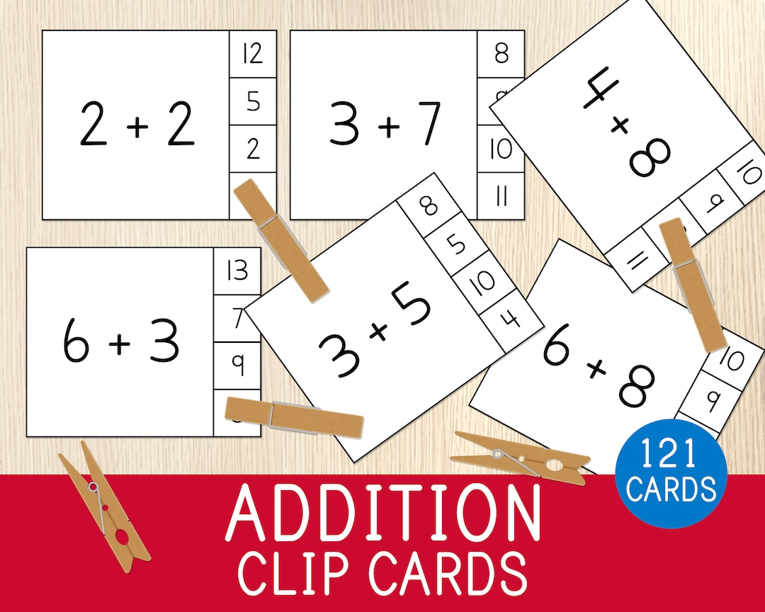 Addition Clip Cards, 121 Cards, Math Centers, Task Cards, Kindergarten ...