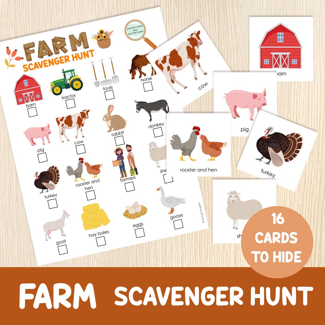 Farm Scavenger Hunt With Cards - Indoor Outdoor Farm Animals Treasure ...