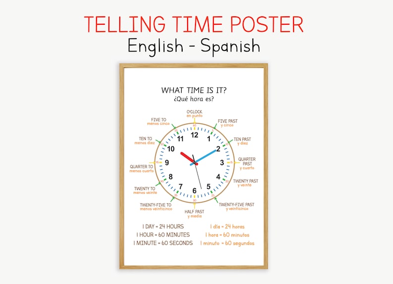 Time Poster Telling Time English-spanish Poster Bilingual - Etsy