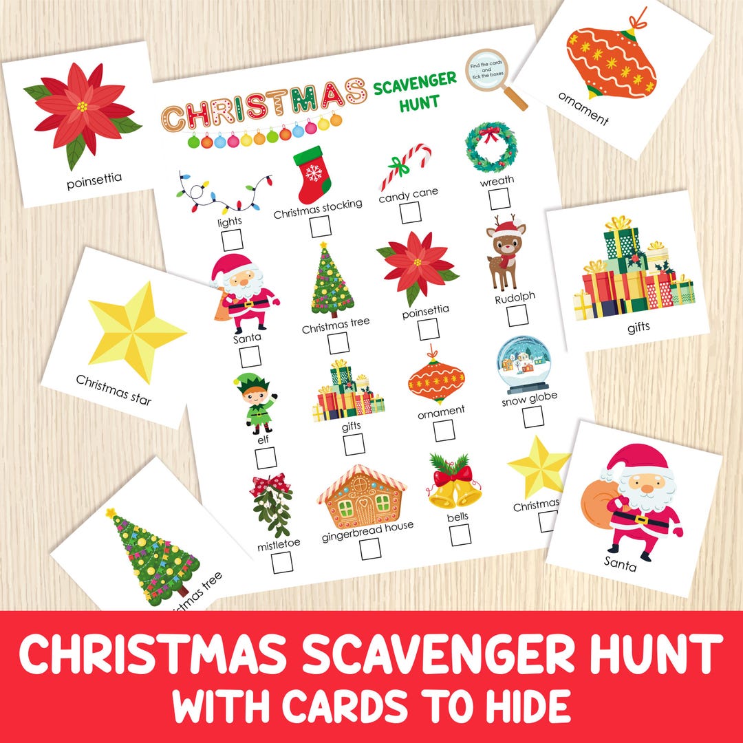 Christmas Scavenger Hunt With Cards to Hide, Indoor Outdoor Treasure ...