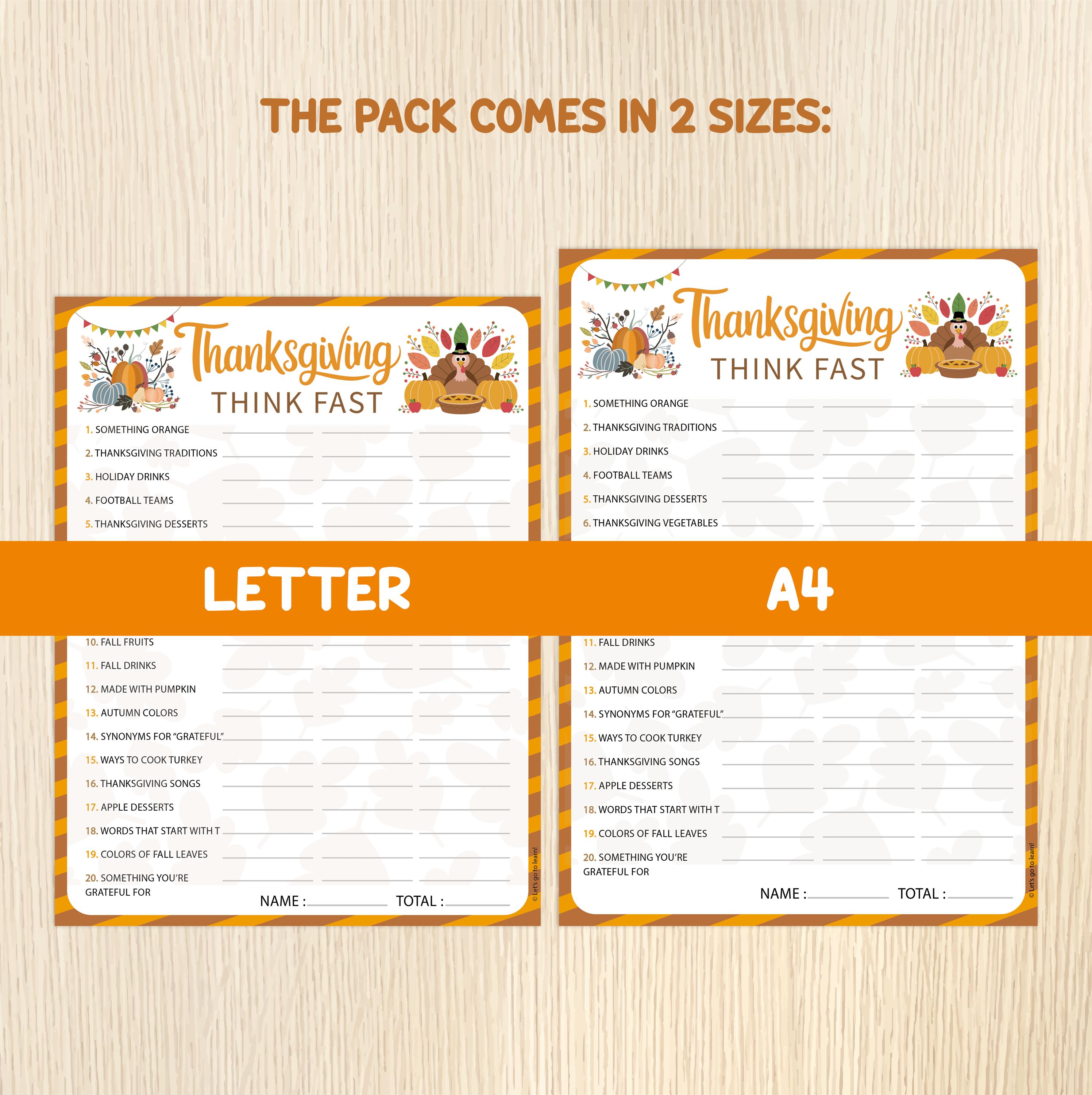 Thanksgiving Think Fast Game - Printable Thanksgiving Family Activity ...