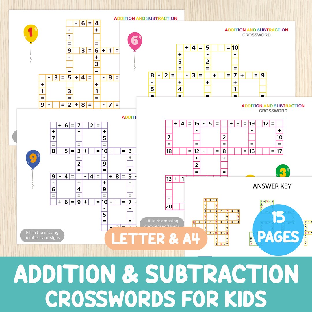Addition and Subtraction Crosswords for Kids - Preschool & Kindergarten ...