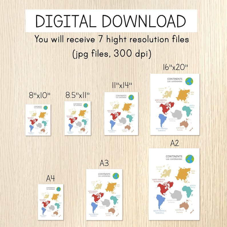 Continents Poster in English & Spanish Bilingual Printable - Etsy