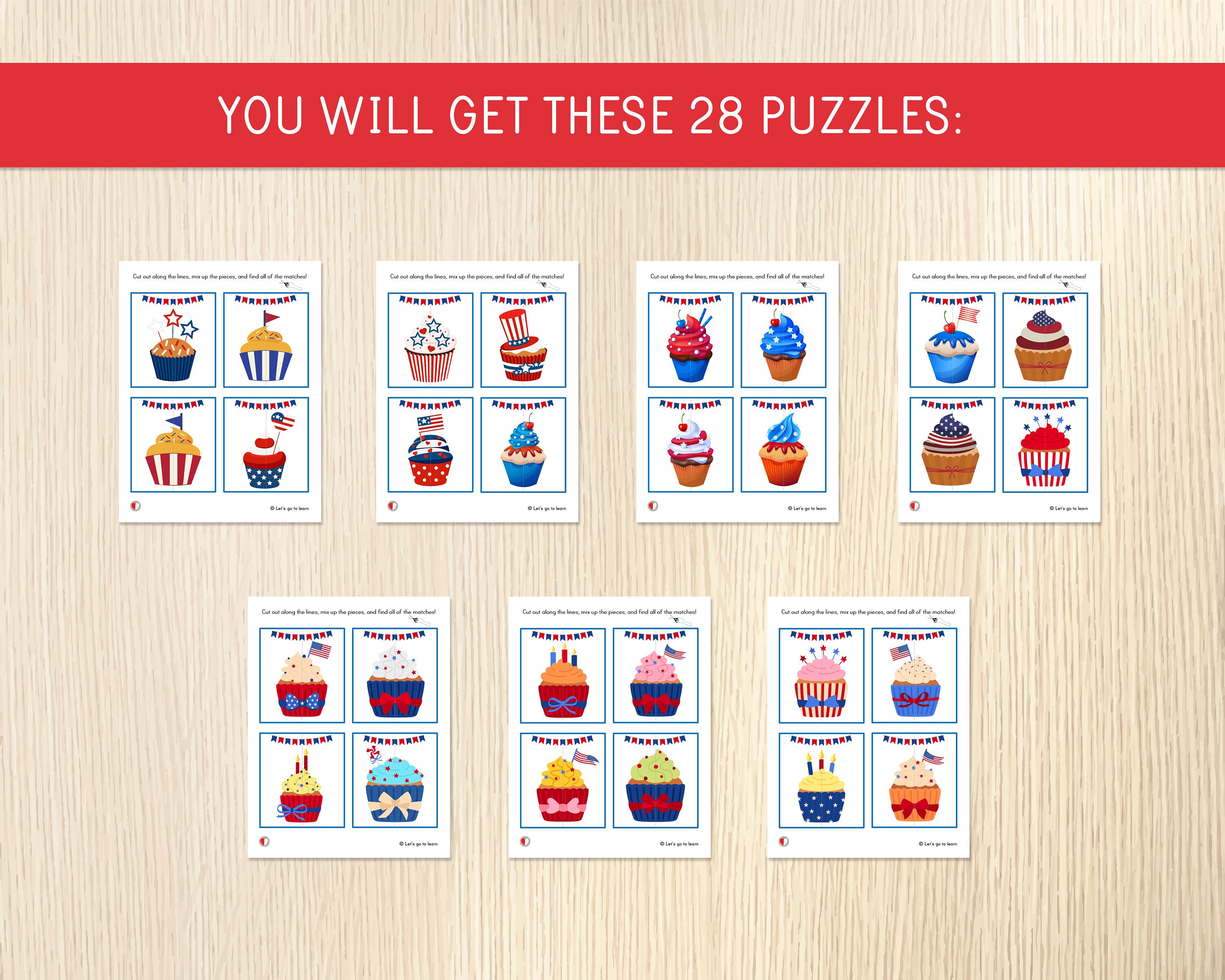 4th of July Game, Matching Activity for Kids, Cupcakes Puzzles, USA ...