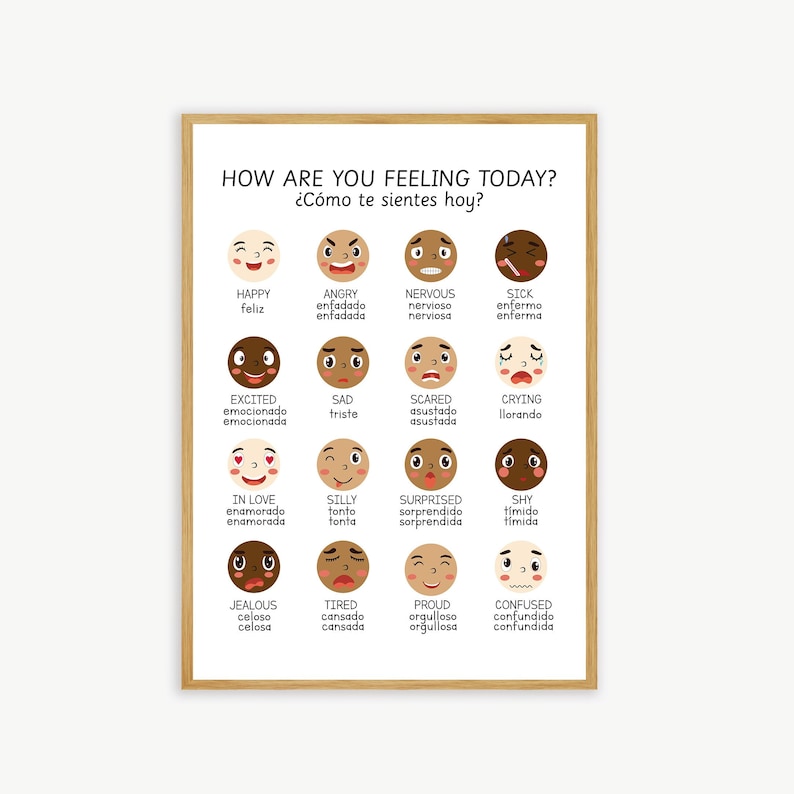 Feelings Emotions Poster in English & Spanish Bilingual - Etsy